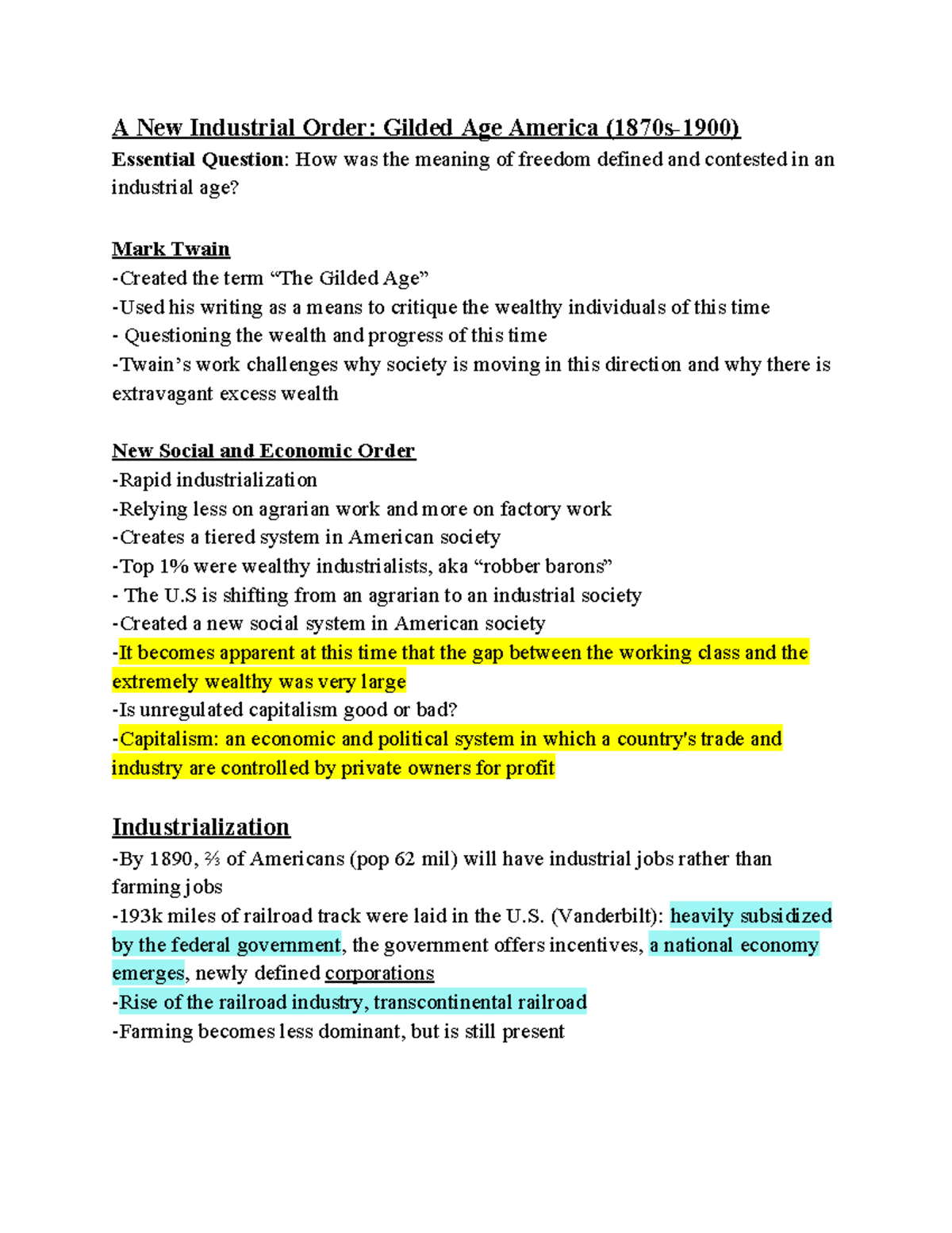The Gilded Age: Industrialization's Impact on American Society - Studocu
