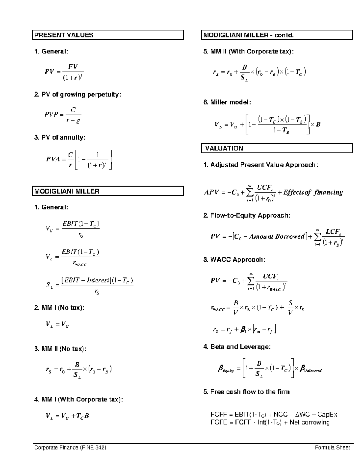 PRESENT VALUES & MODIGLIANI MILLER: Formula Sheet (FINE 342) - Studocu