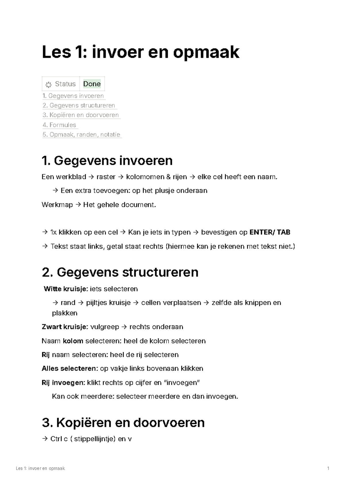 Les 1: Invoer en Opmaak van Gegevens en Formules - Studocu