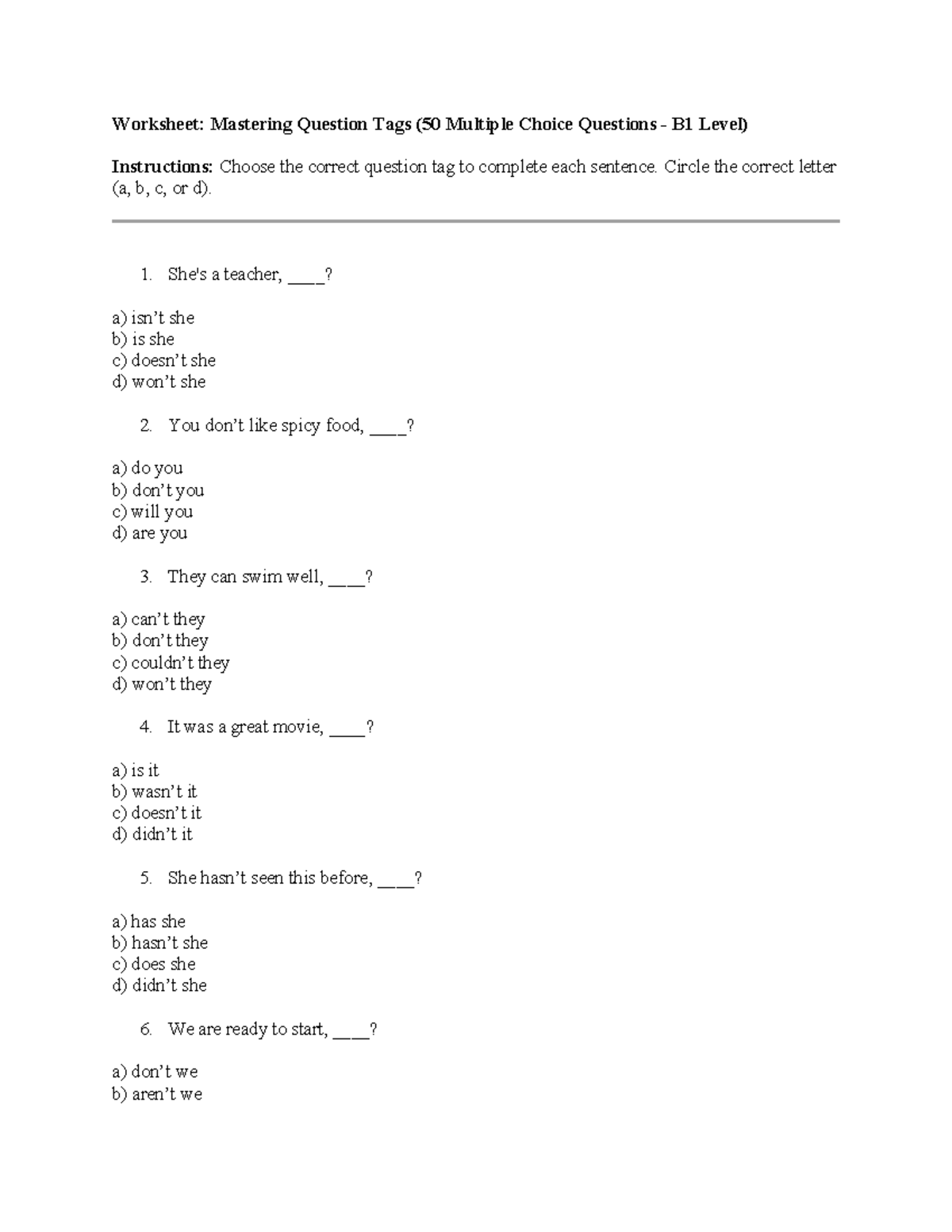 Worksheet: Mastering Question Tags (B1 Level) - 50 MCQs - Studocu