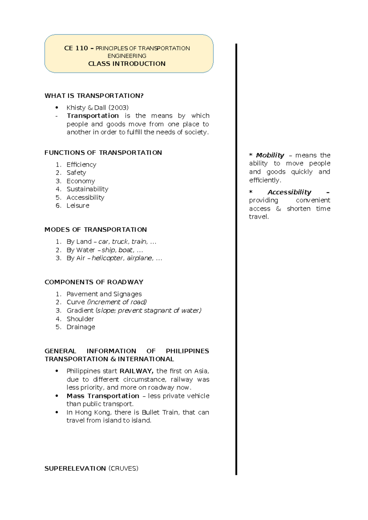 CE 110 Lecture: Introduction to Principles of Transportation ...