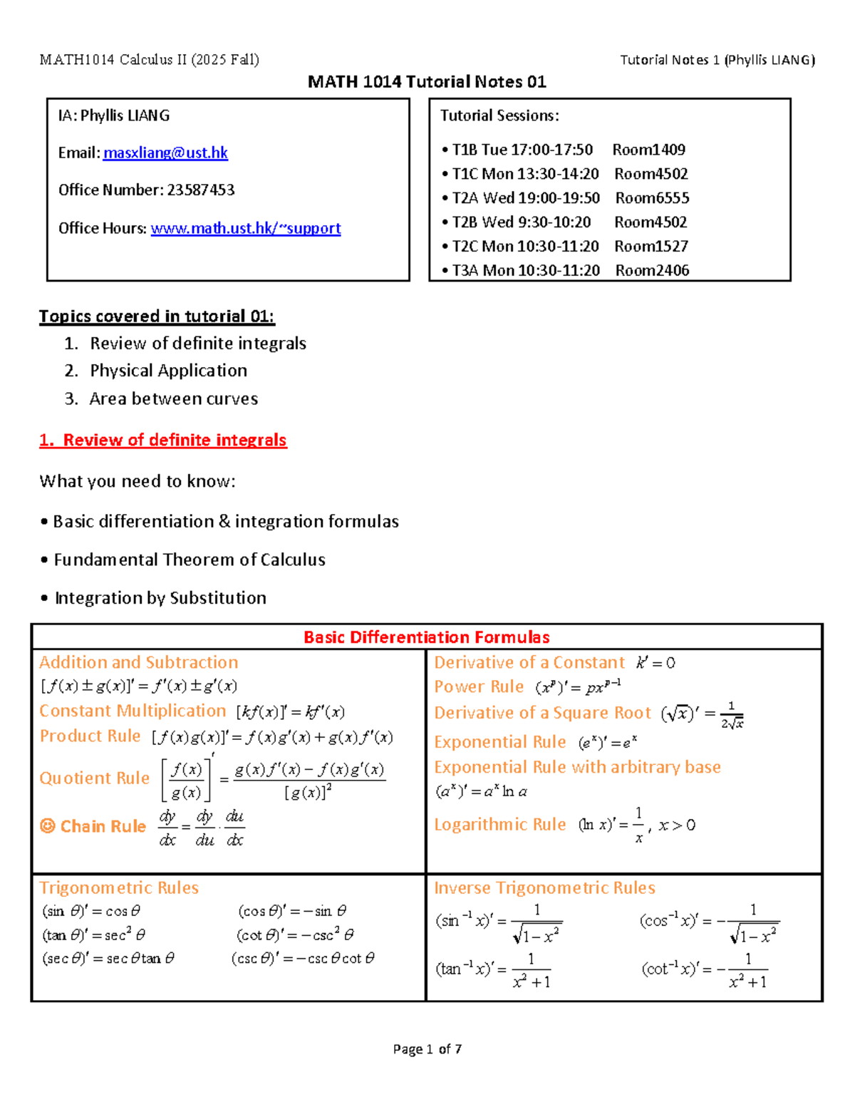 MATH1014 Calculus II (2025 Fall) Tutorial Notes 01 Answers - Studocu