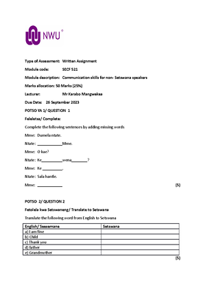 [Solved] Mainane - Setswana Communication (SECF 521) - Studocu