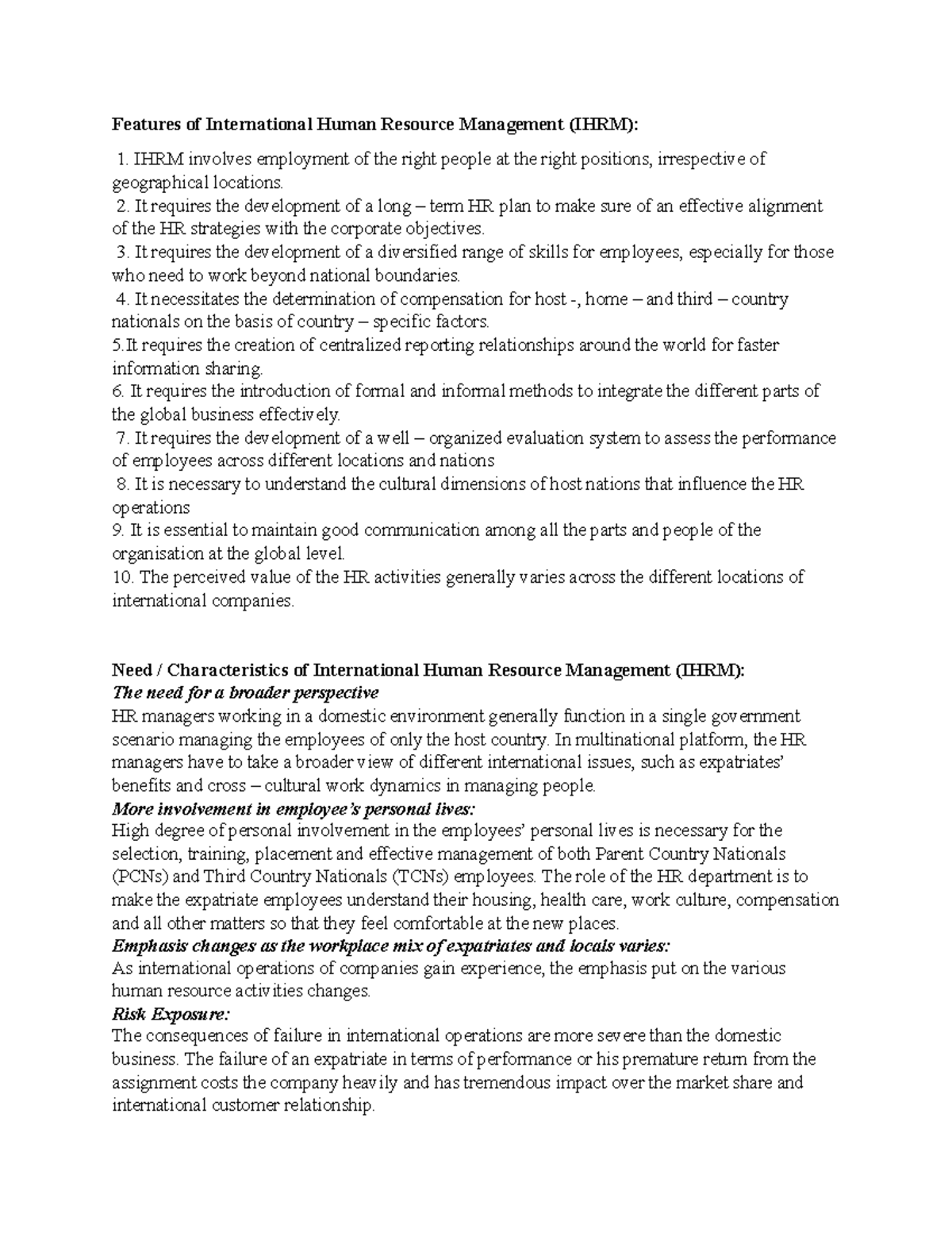 International Human Resource Management (IHRM) Features & Scope - Studocu