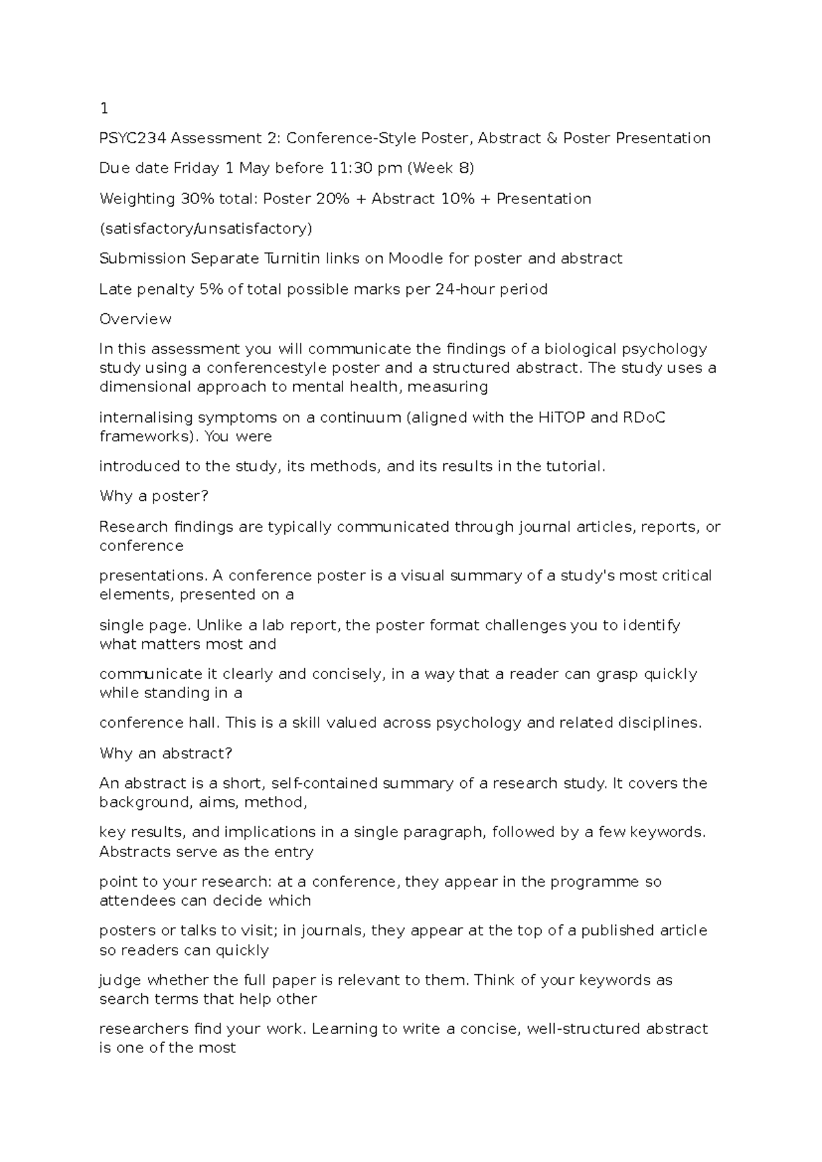 PSYC234 Assessment 2: Biological Psychology Poster & Abstract Guide ...