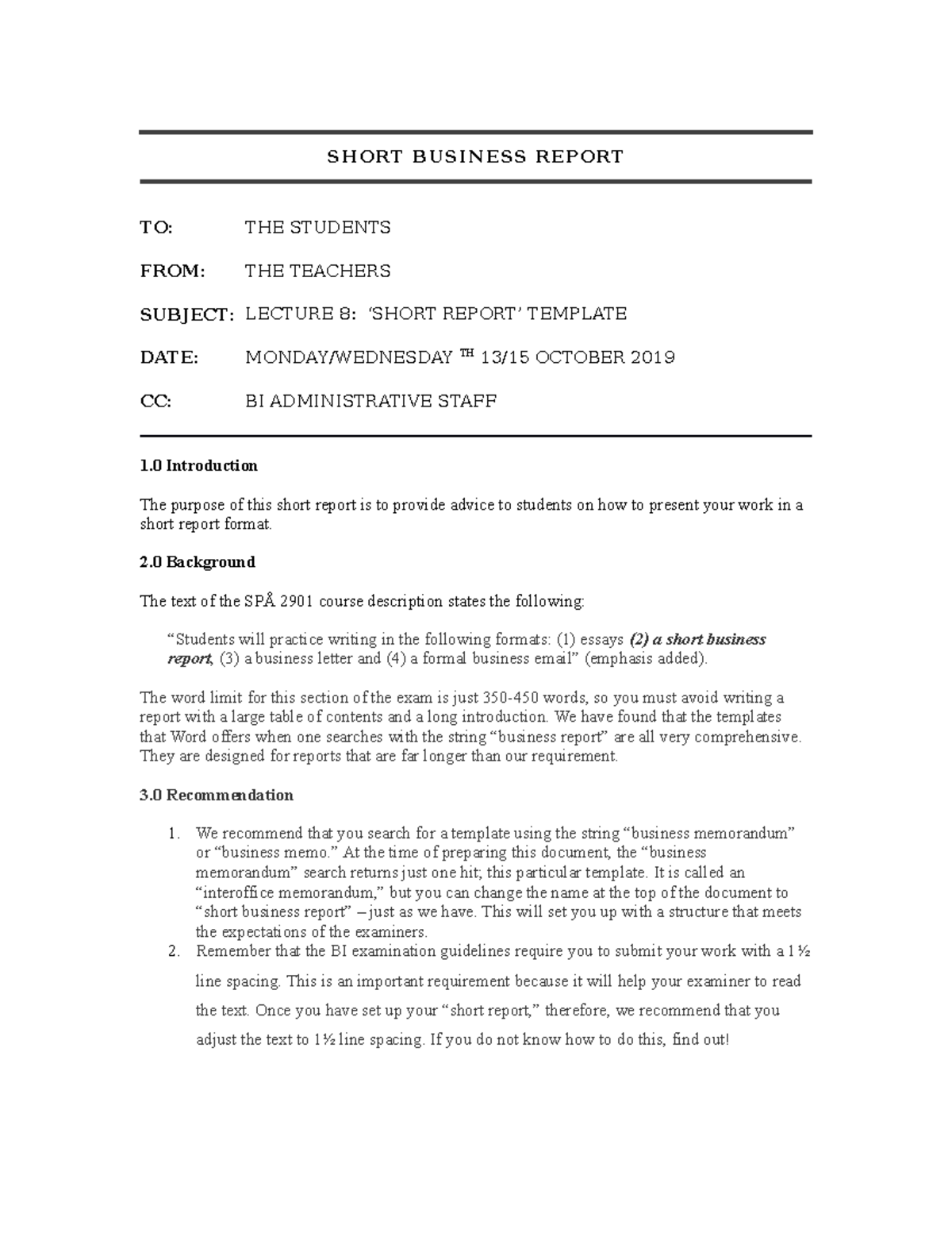 Short report template- from teachers to students - SHORT BUSINESS ...