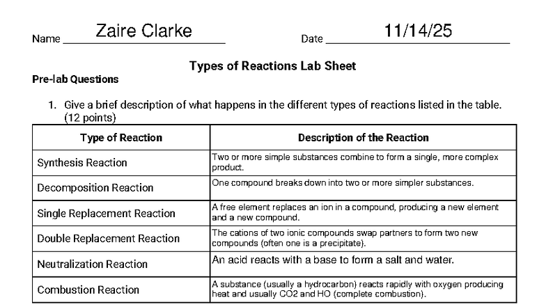 Types of Reactions Lab Sheet: Analysis & Observations - Studocu
