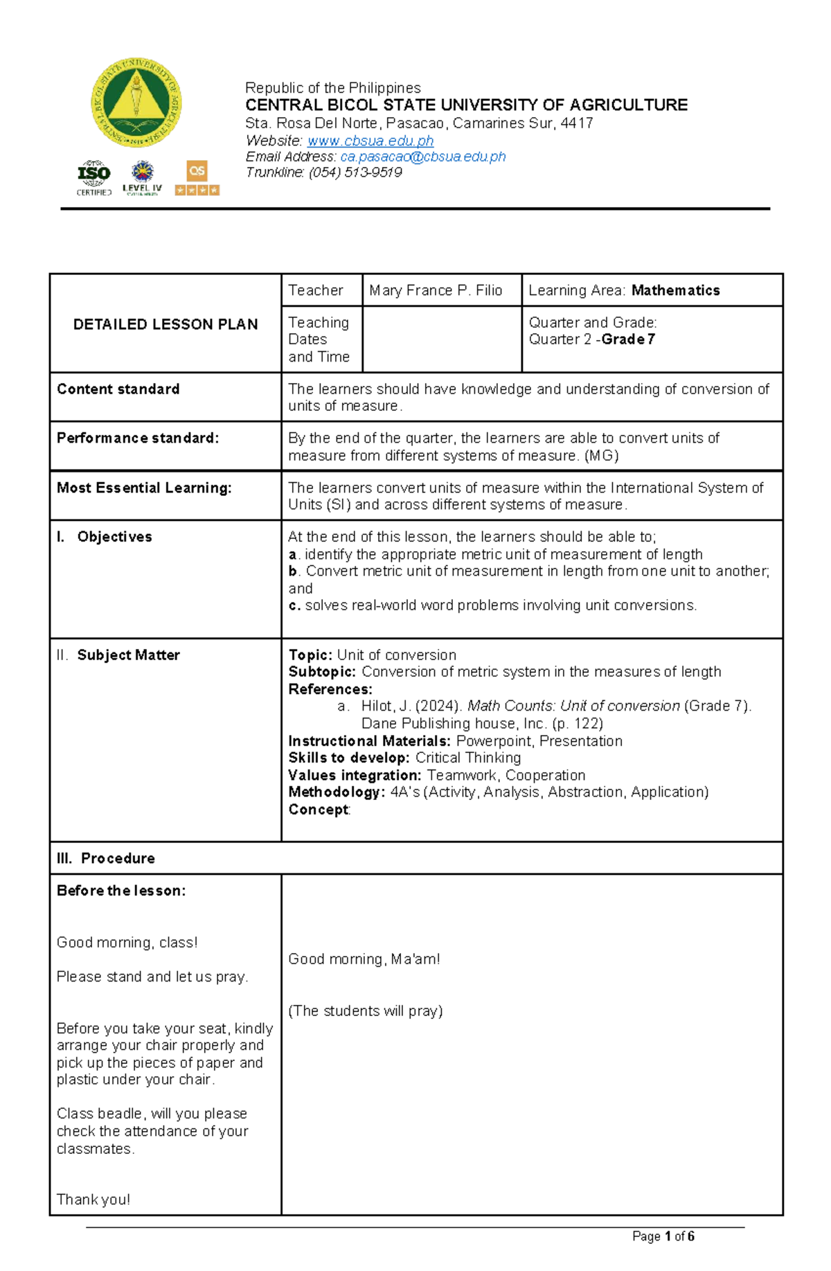 Detailed Lesson Plan: Unit Conversion in Mathematics (Grade 7) - Studocu