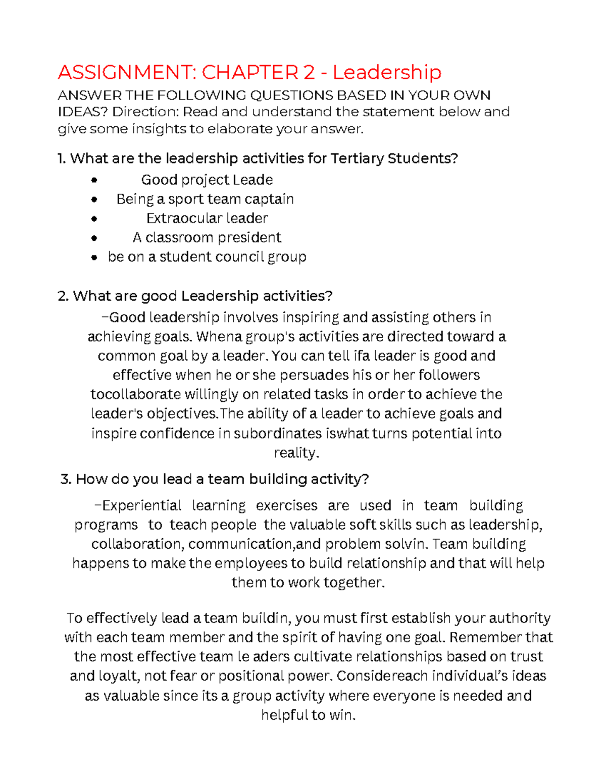 Leadership Activities for Tertiary Students - Assignment Chapter 2 ...