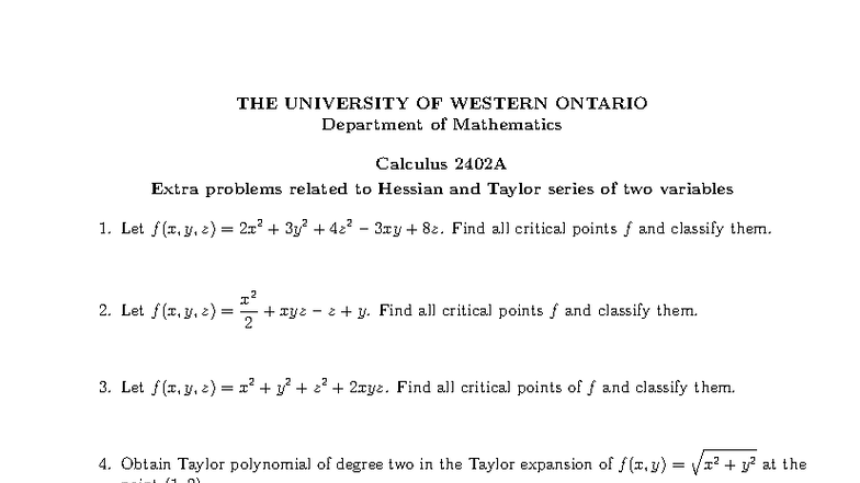 Calculus 2402A Extra Problems: Hessian & Taylor Series - Studocu