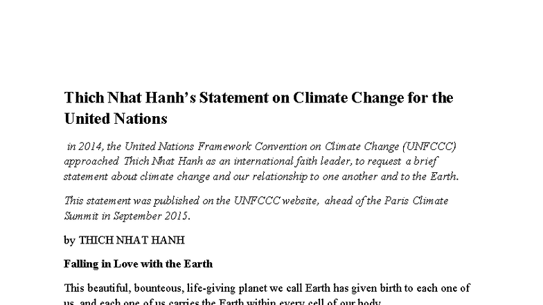 Thich Nhat Hanh's 2014 Statement on Climate Change for UN - Studocu