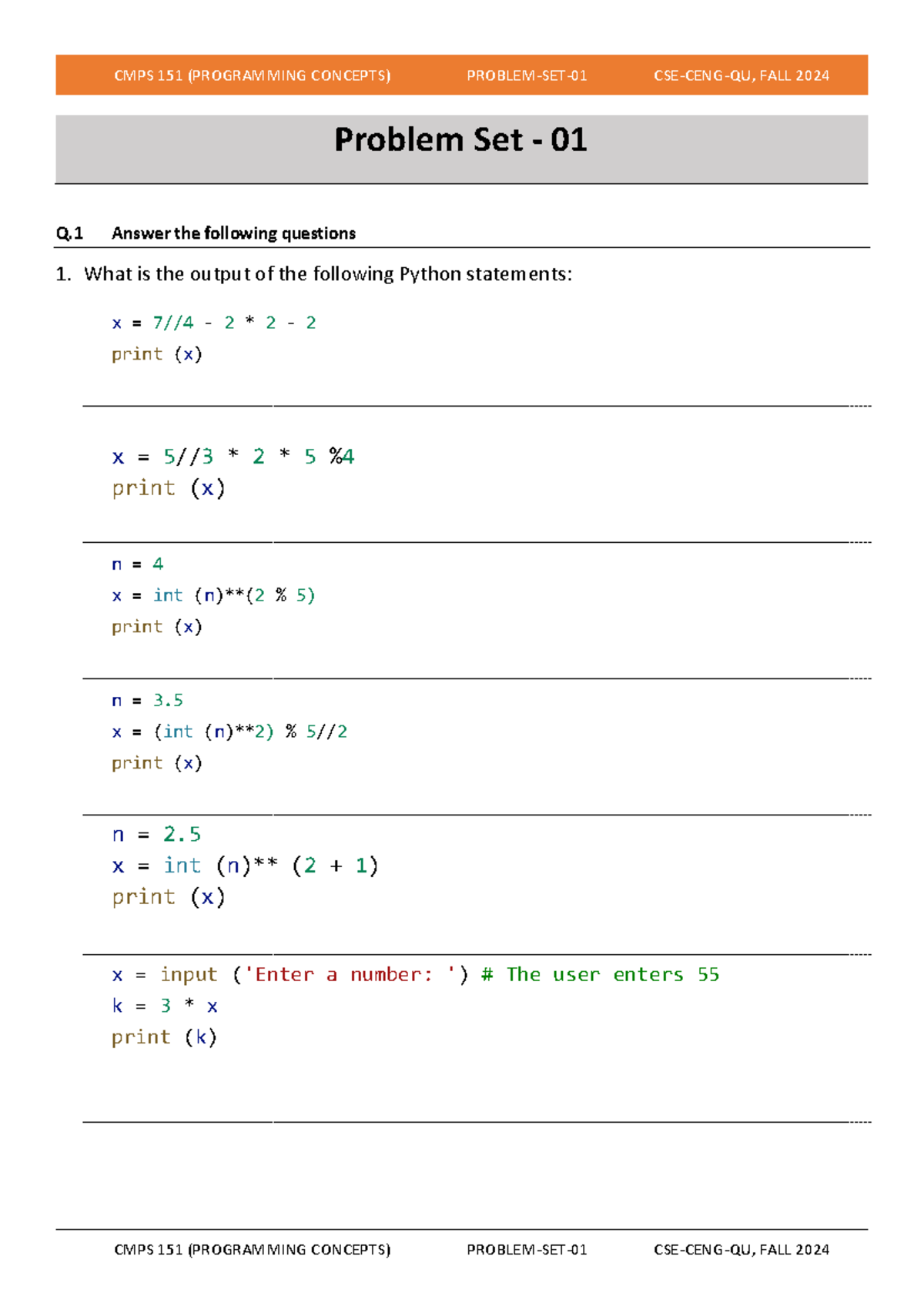 CMPS 151 Problem Set 01: Python Programming Exercises Fall 2024 - Studocu