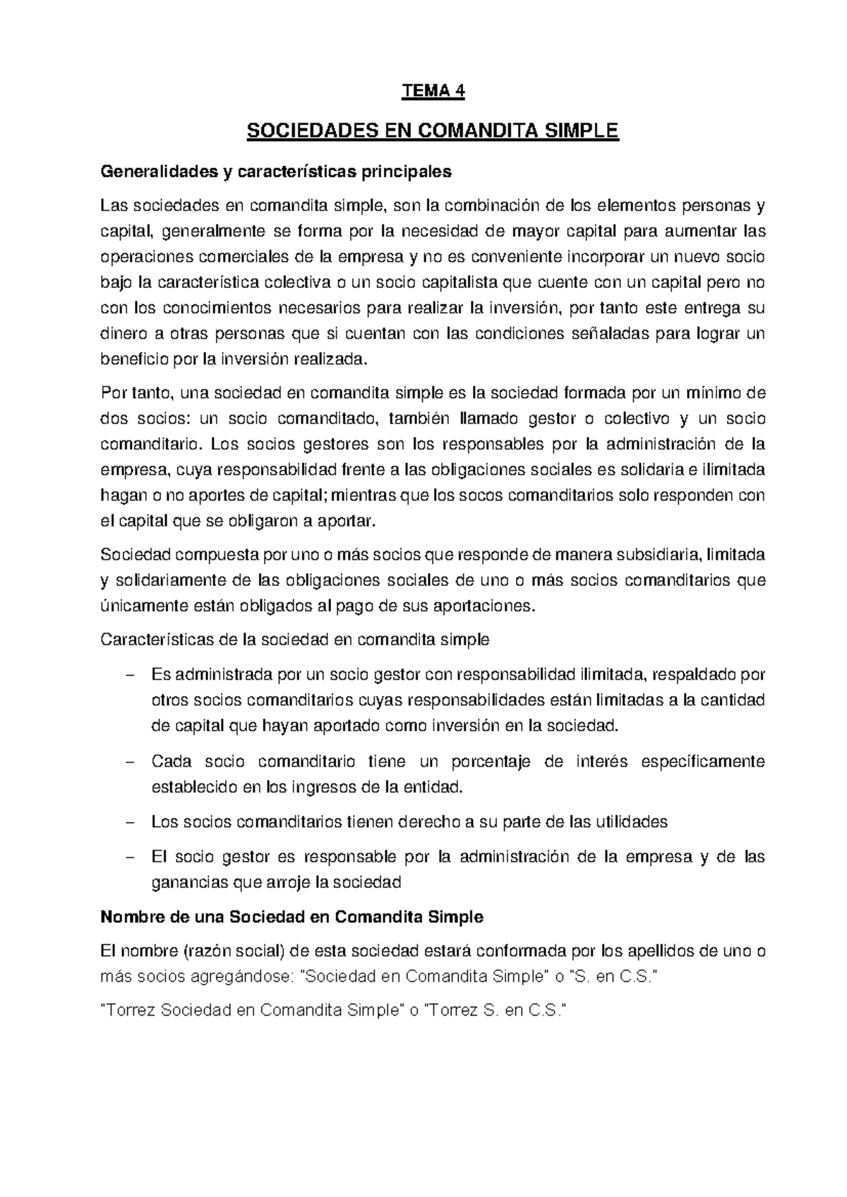 TEMA 4 - Sociedades en Comandita Simple: Características y Generalidades - Studocu