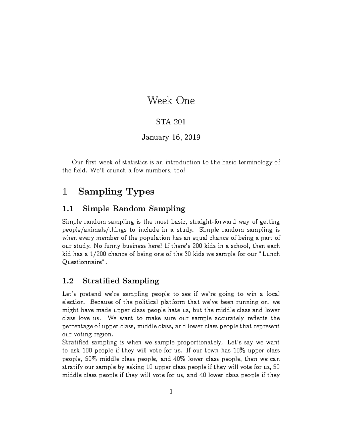 STA 201: Week One Overview of Sampling Methods and Statistics - Studocu