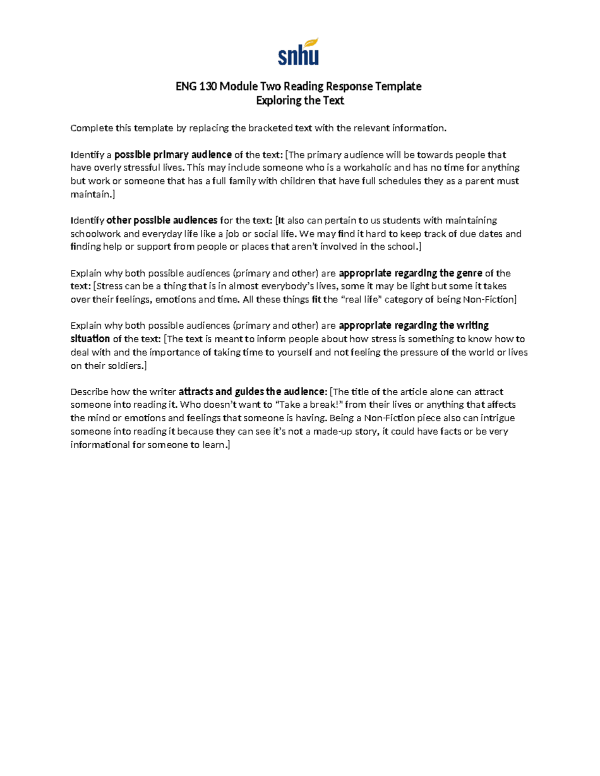 ENG 130 Module Two Reading Response Template Guide - Studocu