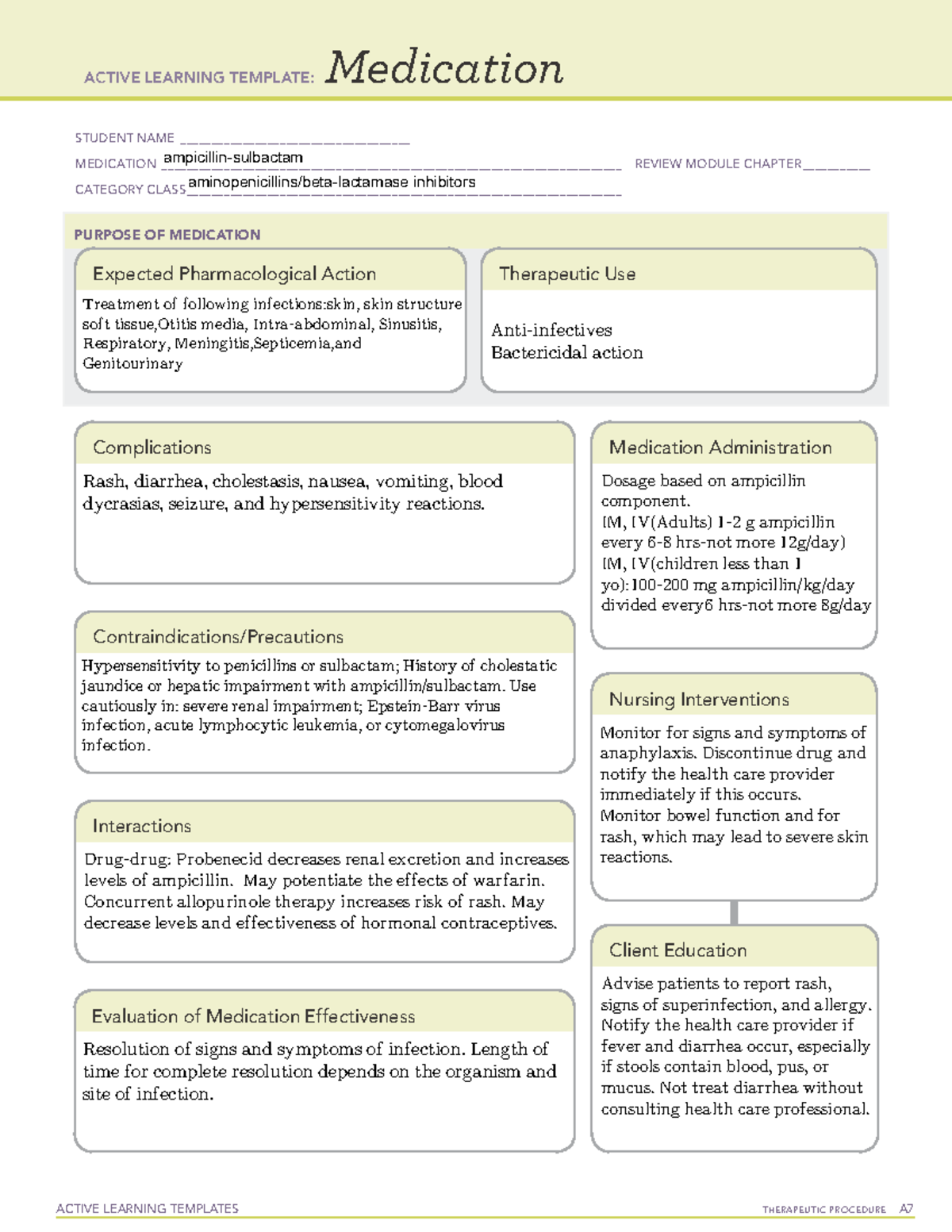 ACTIVE LEARNING TEMPLATE: Ampicillin-Sulbactam Review Module - Studocu