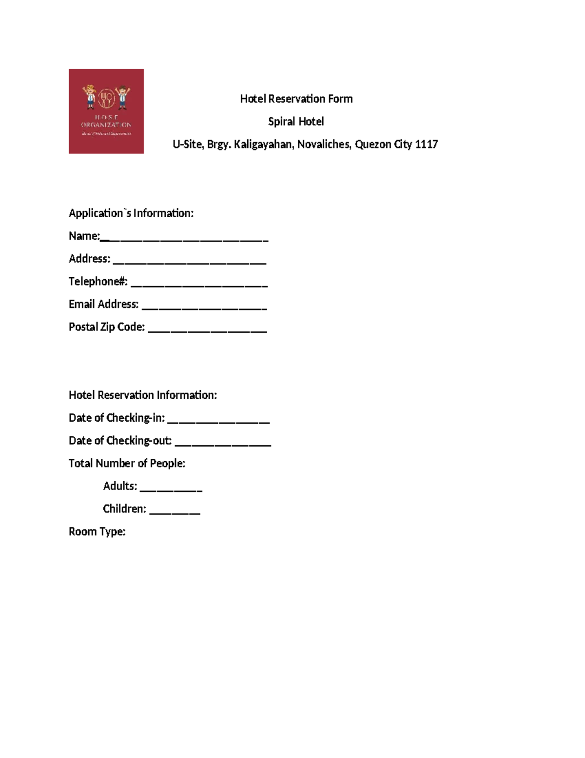 Hotel Reservation Form Blank - National Service Training Program ...