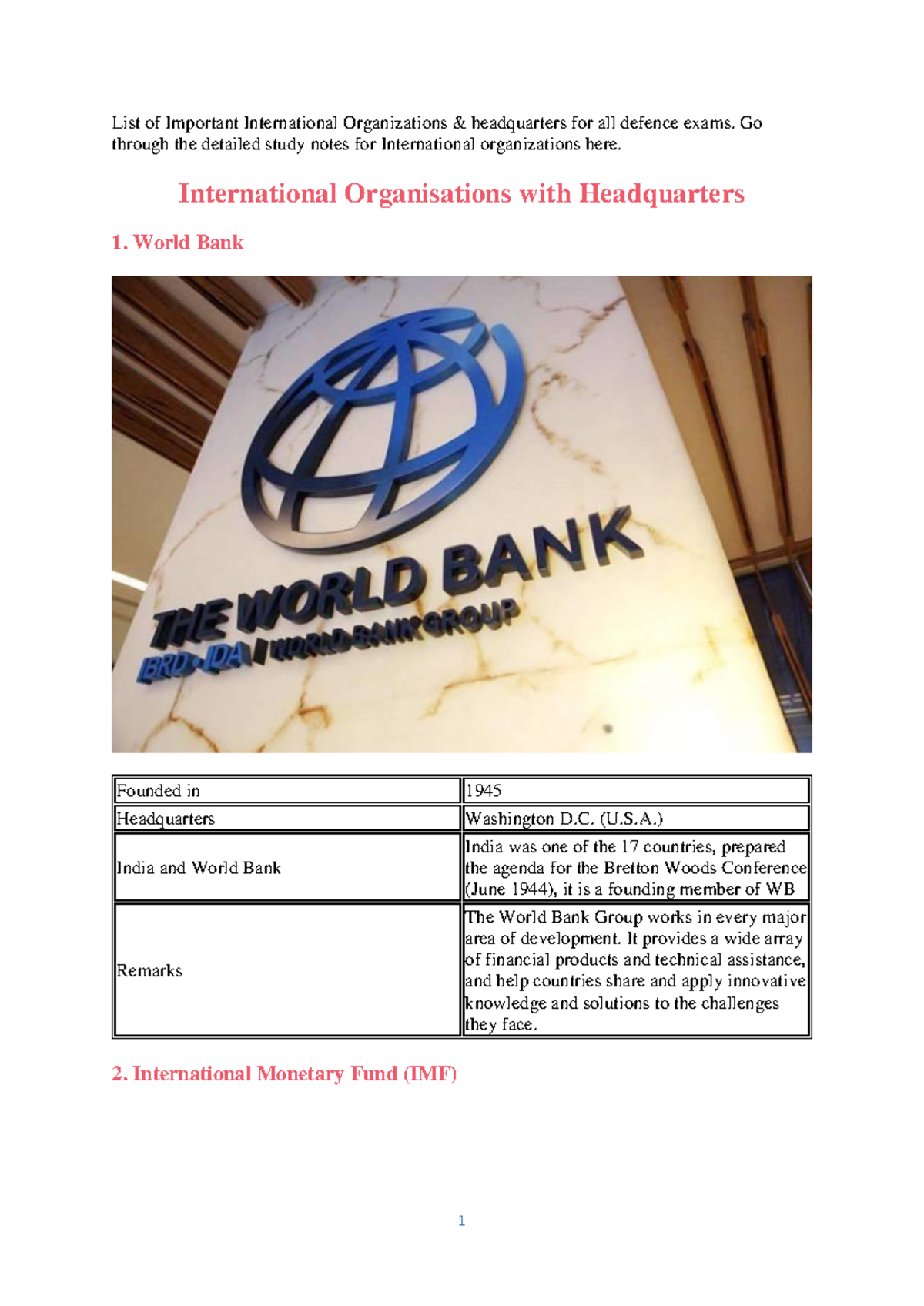 Intl Organisation with HQ - List of Important International ...