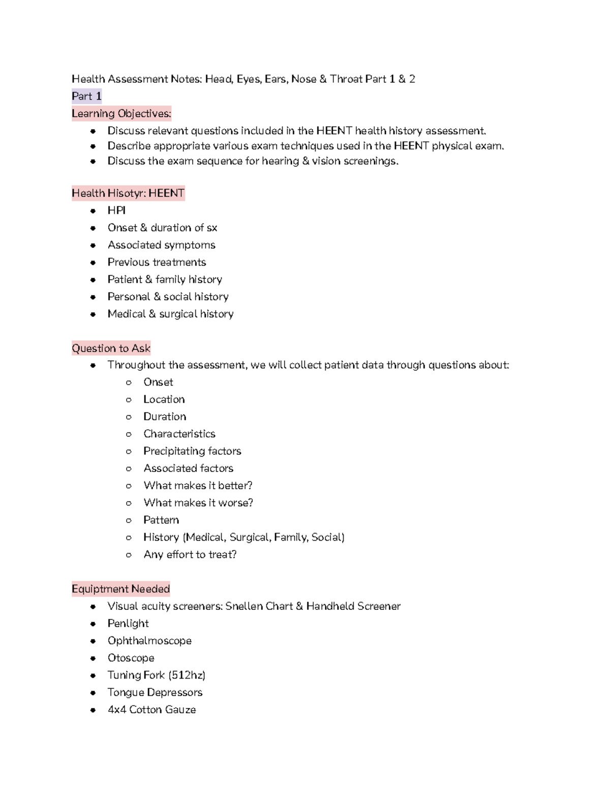 Health Assessment Notes: HEENT & Cardiac Systems Overview - Studocu
