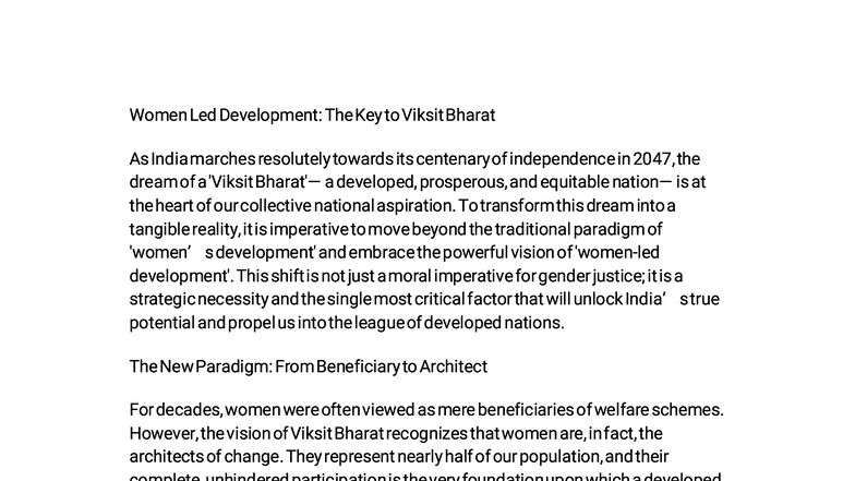 Women Led Development: Key to Viksit Bharat's Future Essay - Studocu