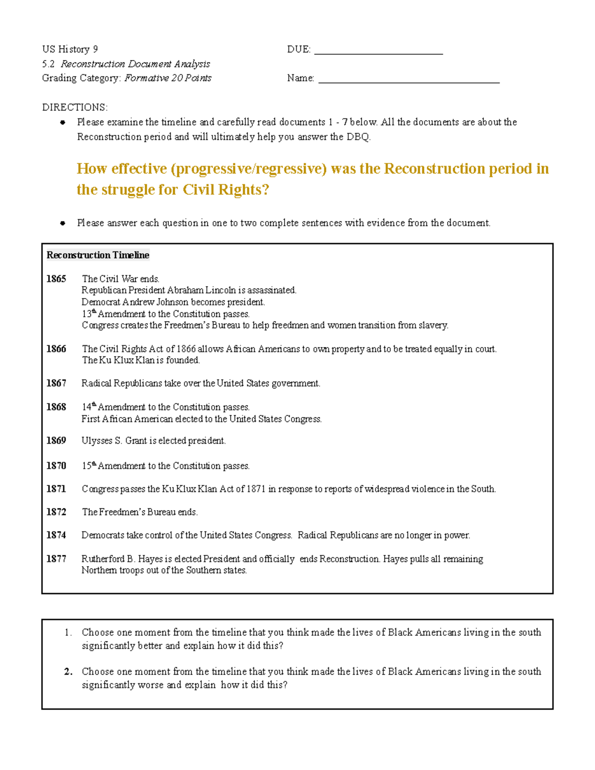 US History 5.2 Reconstruction Era Document Analysis: Civil Rights ...
