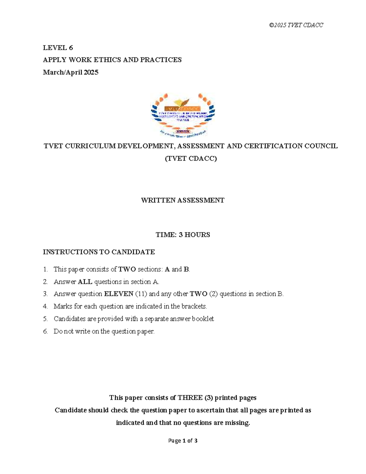 Work Ethics and Practices Assessment - TVET Level 6 (2025) - Studocu
