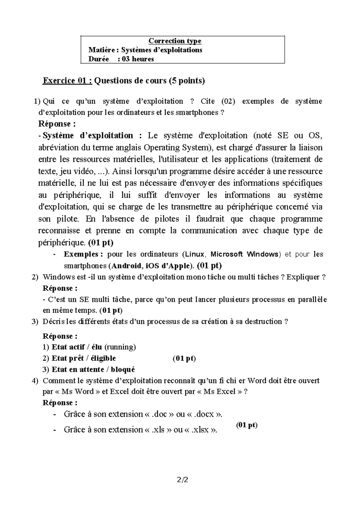Correction Type: Systèmes - Examen de 3h sur OS et Processus - Studocu