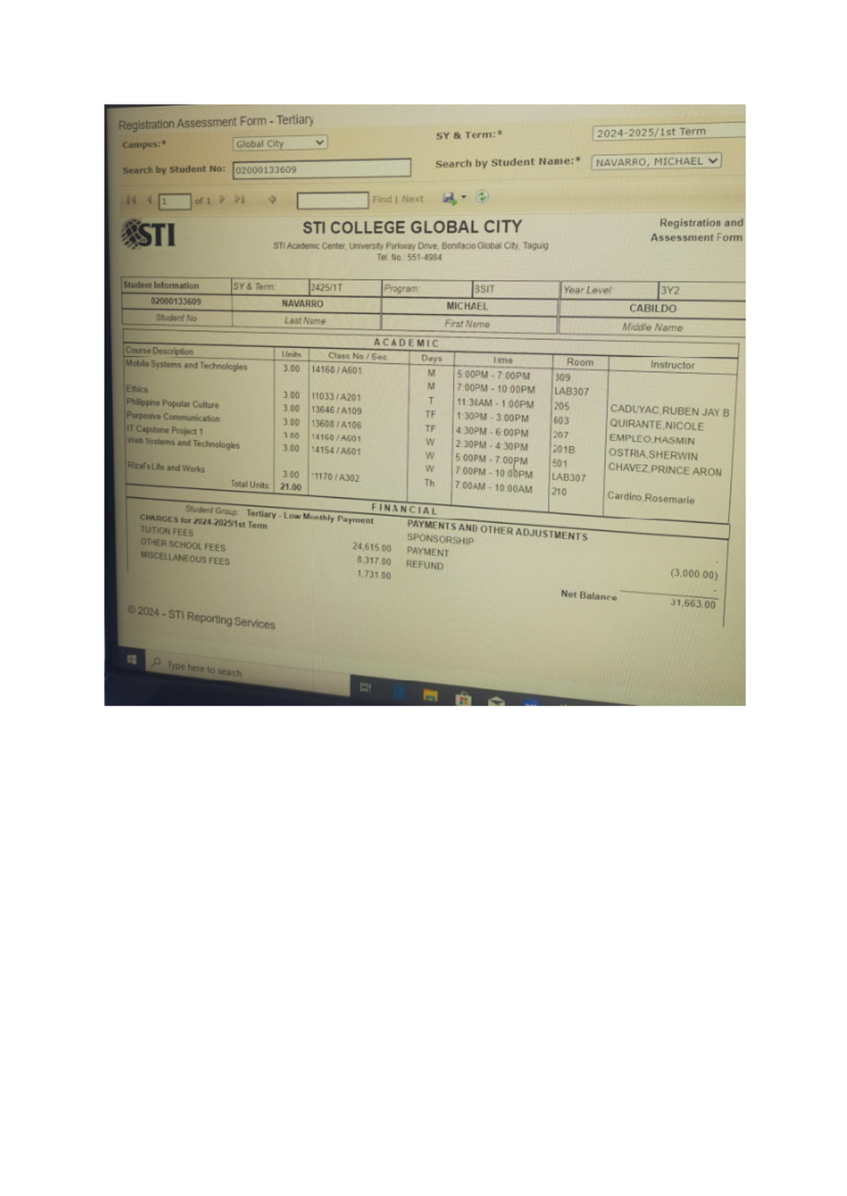 STI COLLEGE GLOBAL CITY BSIT Registration Assessment Form 2024 - Studocu