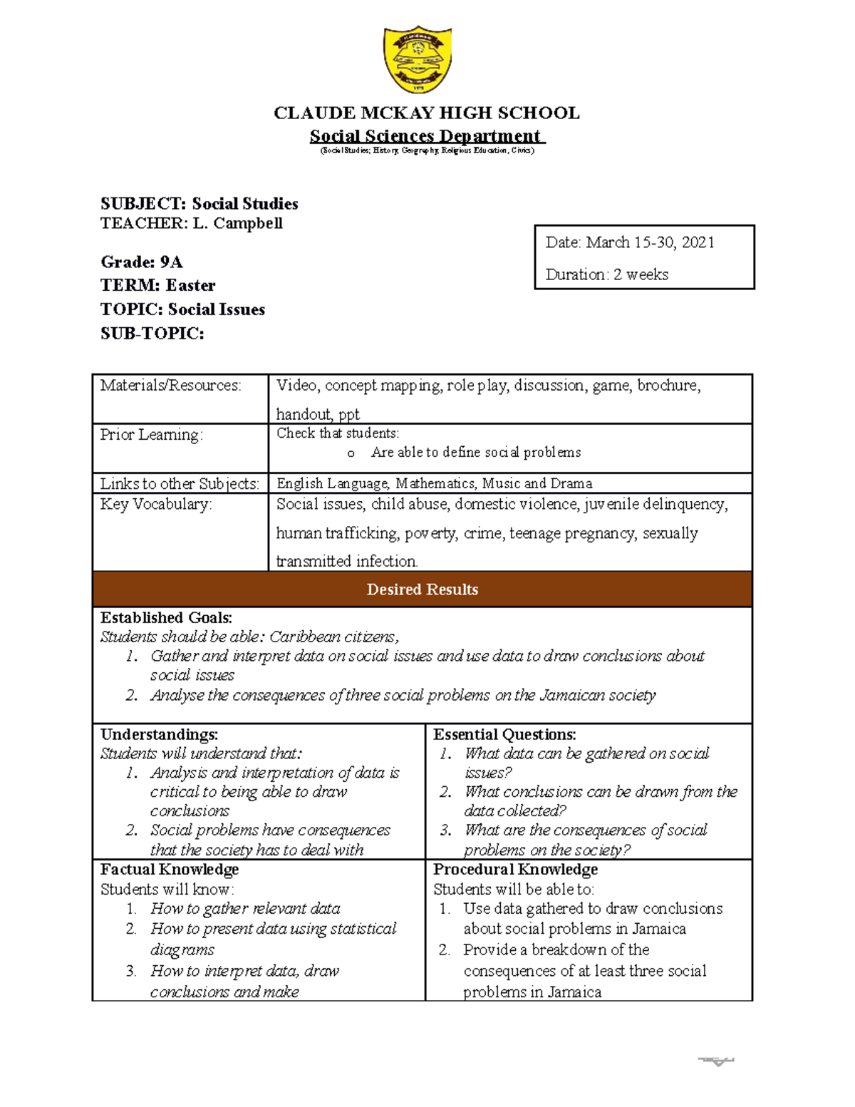 Social Issues Lesson Plan - CLAUDE MCKAY HIGH SCHOOL Social Sciences ...