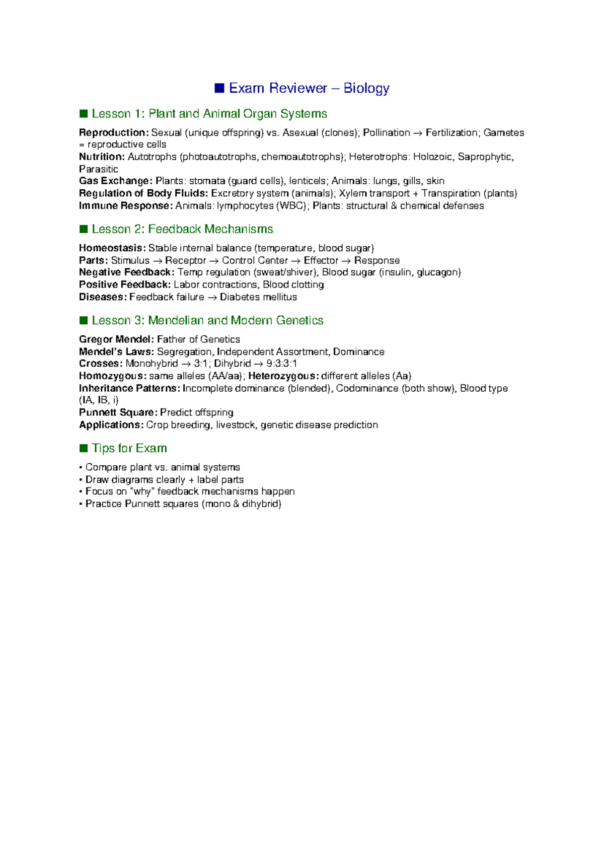 Grade 12 Biology Exam Reviewer: Organ Systems, Genetics & Feedback ...