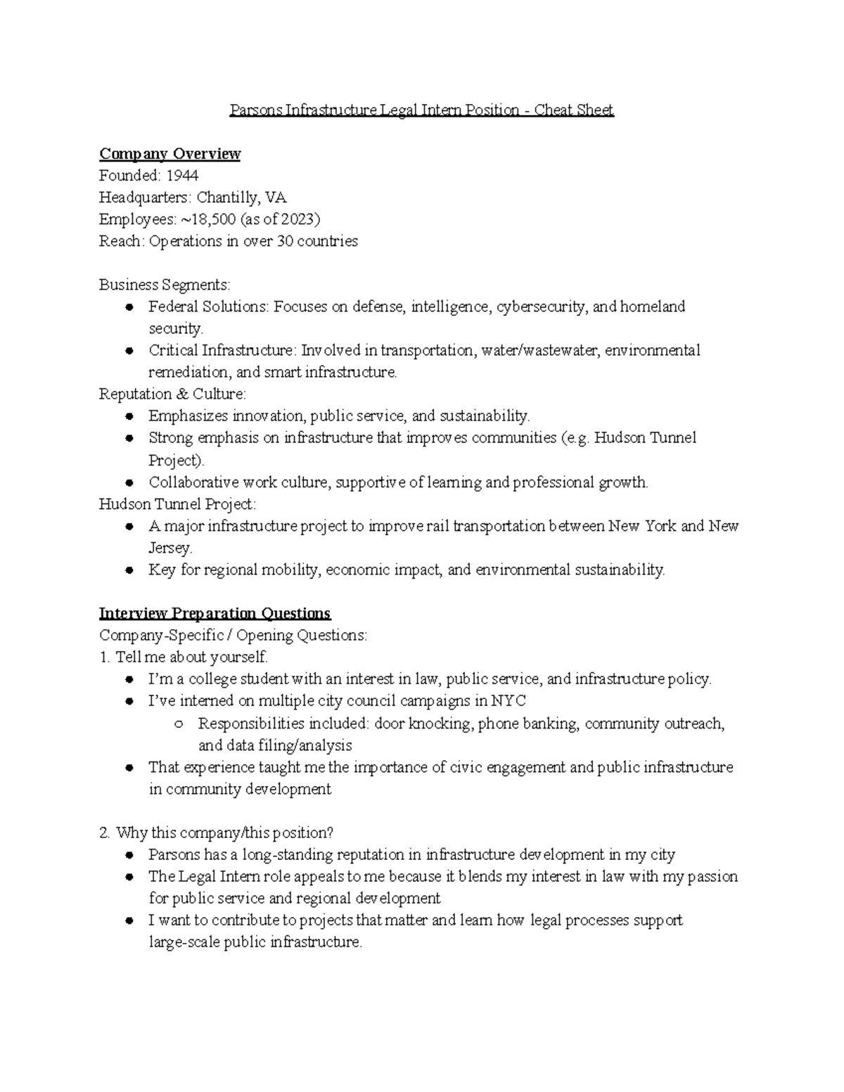 Parsons Infrastructure Legal Intern Position Cheat Sheet - Studocu