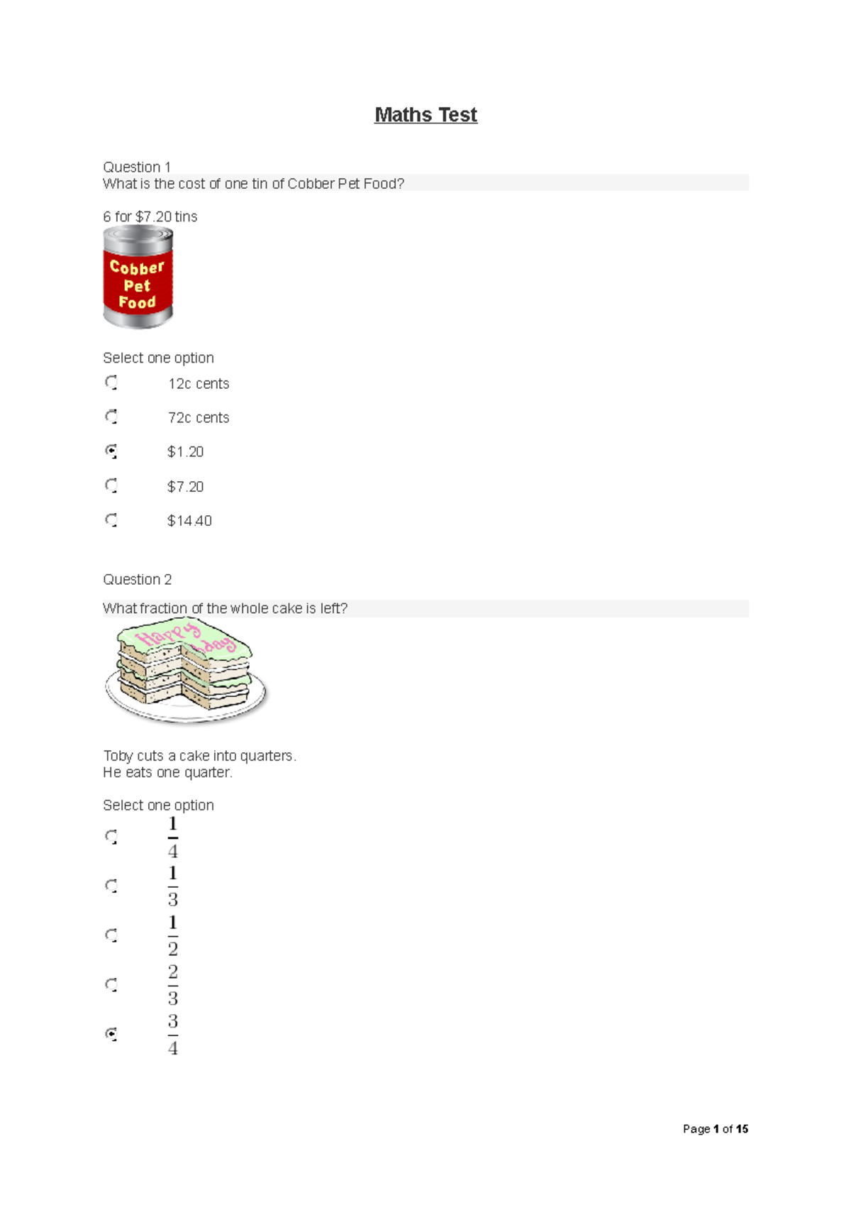 Maths Test: Multiple Choice Questions and Answers - Studocu