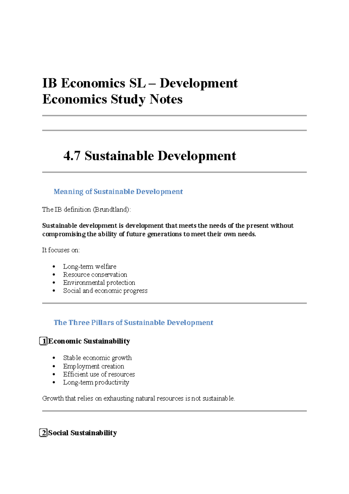 IB Economics SL Development Economics Study Notes: Sustainable ...