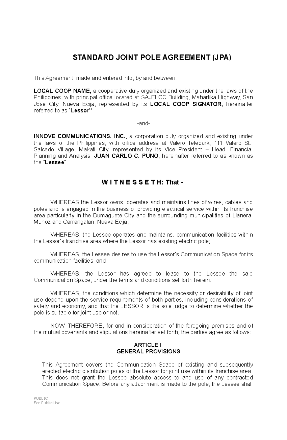 NEA Final Joint Pole Agreement Template for Lessors and Lessees - Studocu