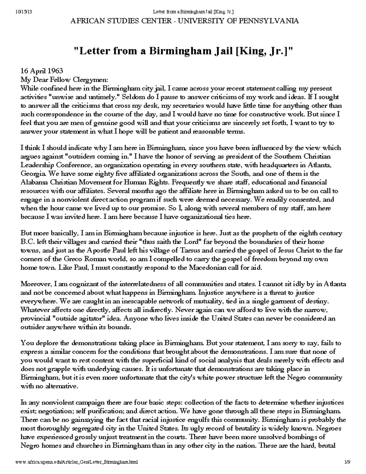 Letter from a Birmingham Jail: A Call for Justice and Action - Studocu