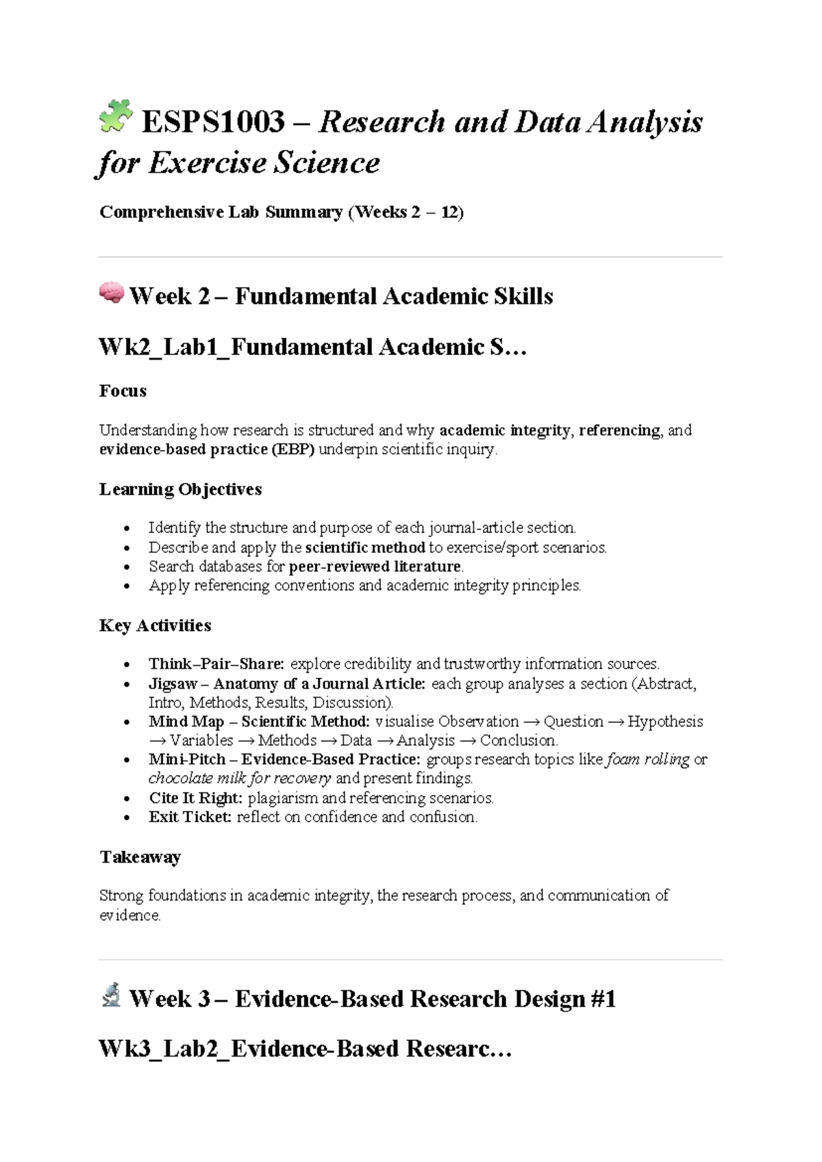 ESPS1003 Comprehensive Lab Summary: Research & Excel Skills (Weeks 2-12 ...