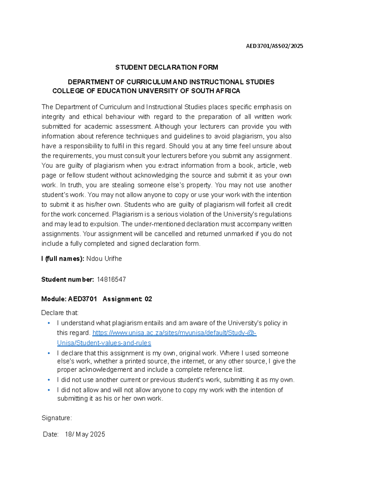 AED3701 Student Declaration Form: Understanding Plagiarism and ...
