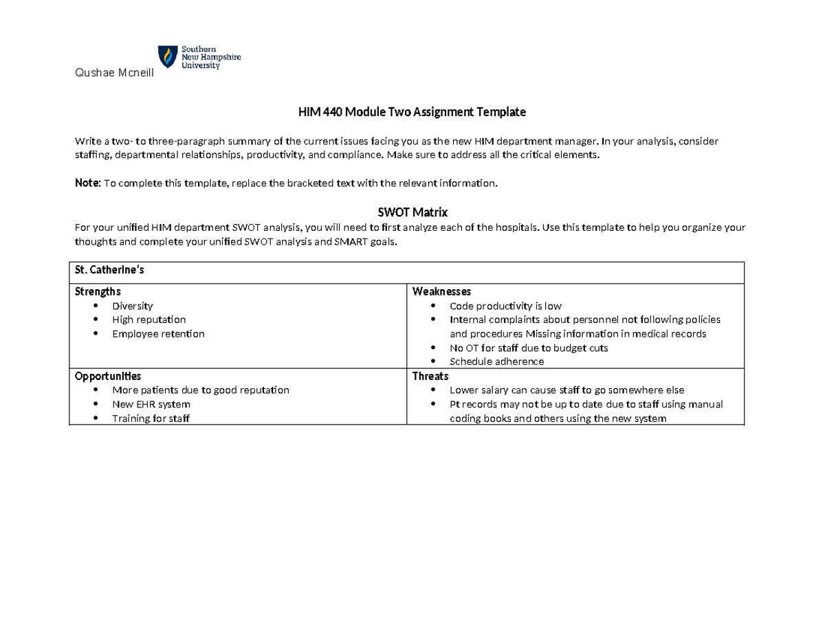 HIM 440 Module Two Assignment: SWOT Analysis for HIM Dept. - Studocu