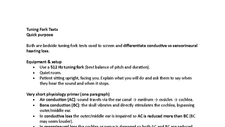 Tuning Fork Tests (Hearing Loss Assessment) - Quick Guide - Studocu