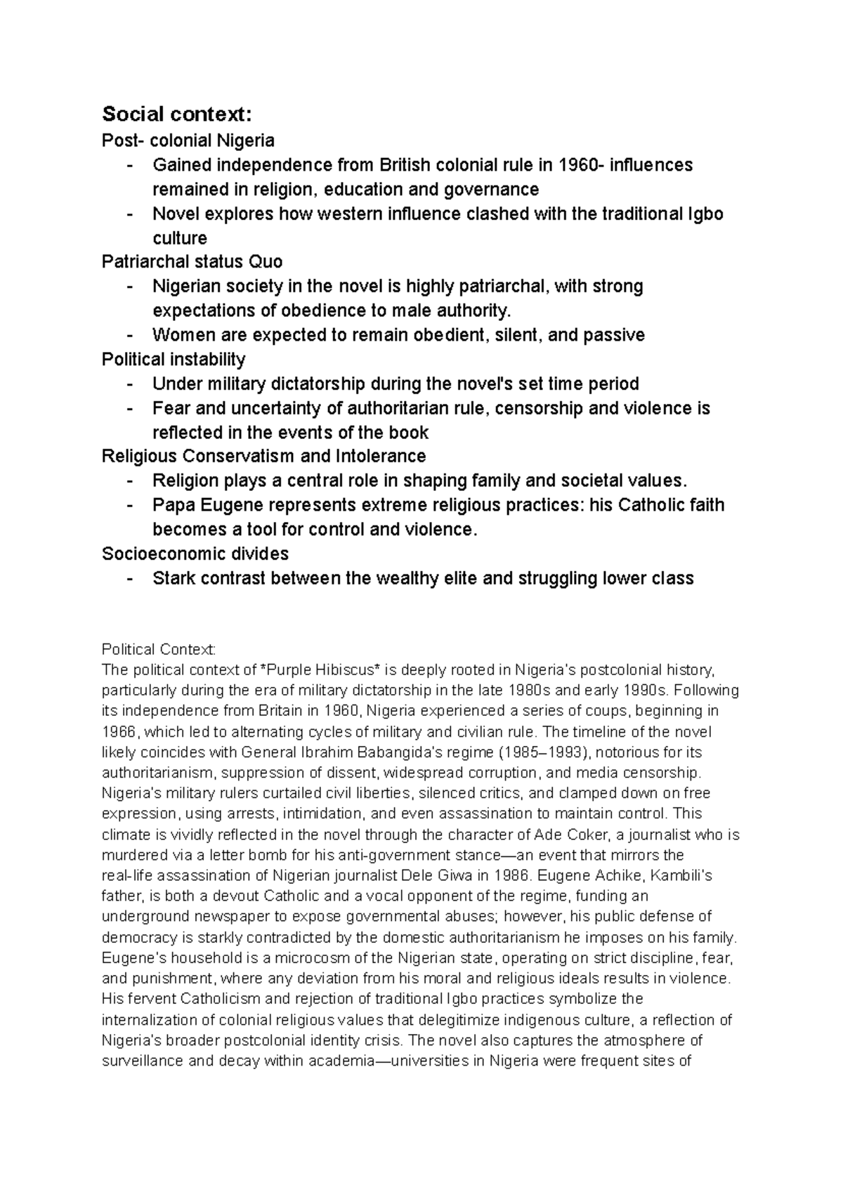 English 101: Analysis of Colonial Influence in "Purple Hibiscus" - Studocu