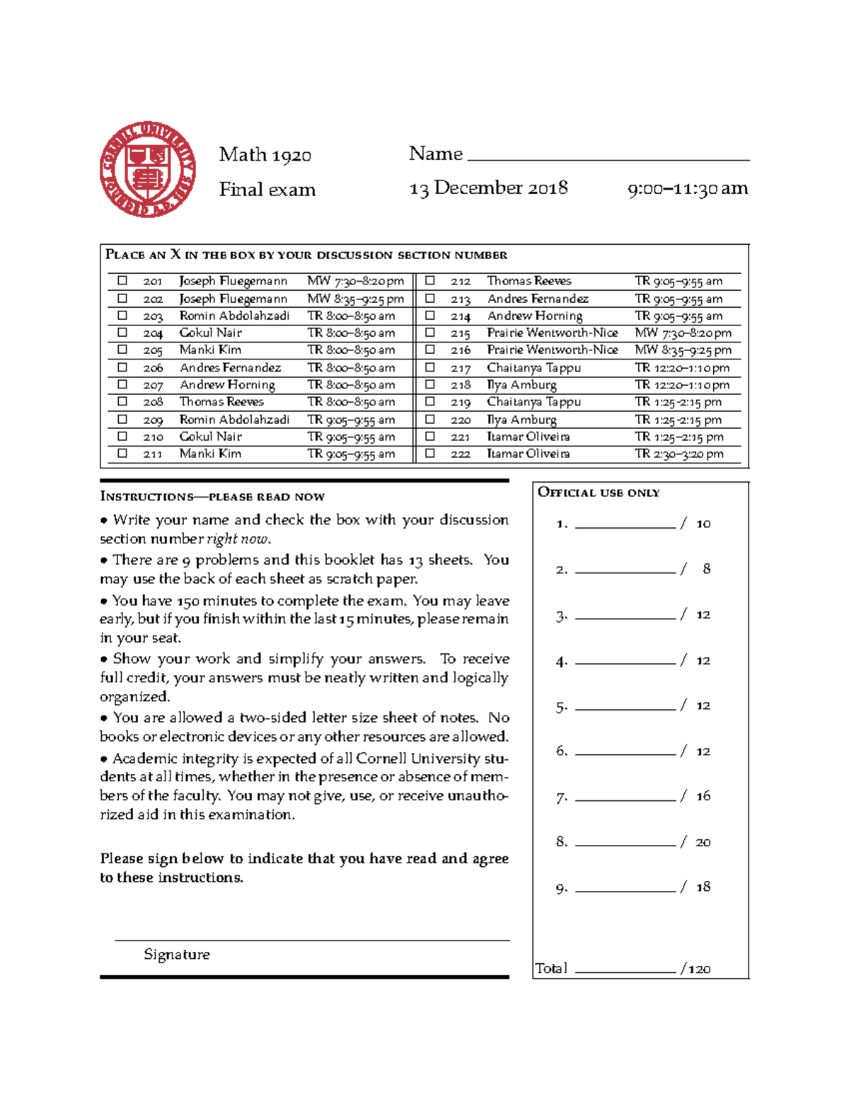 Math 1920 Final Exam - December 2018 Details and Instructions - Studocu