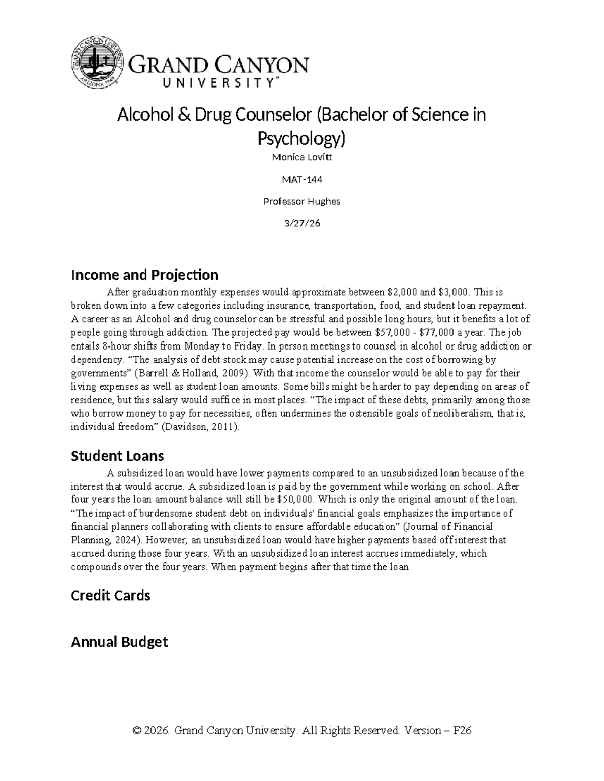 MAT 144 Major Assignment Two: Financial Projections for Counselors ...