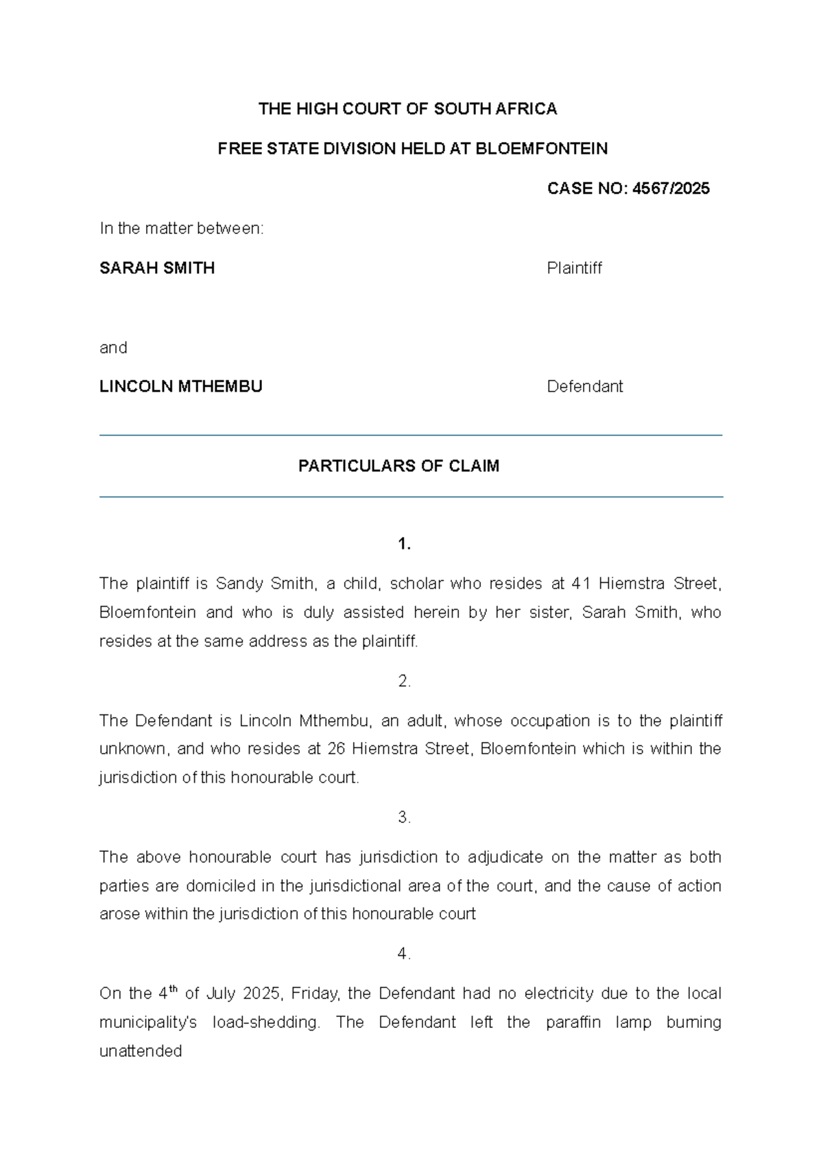Delict - Outline for Drafting Particulars of Claim (Case No: High Court ...