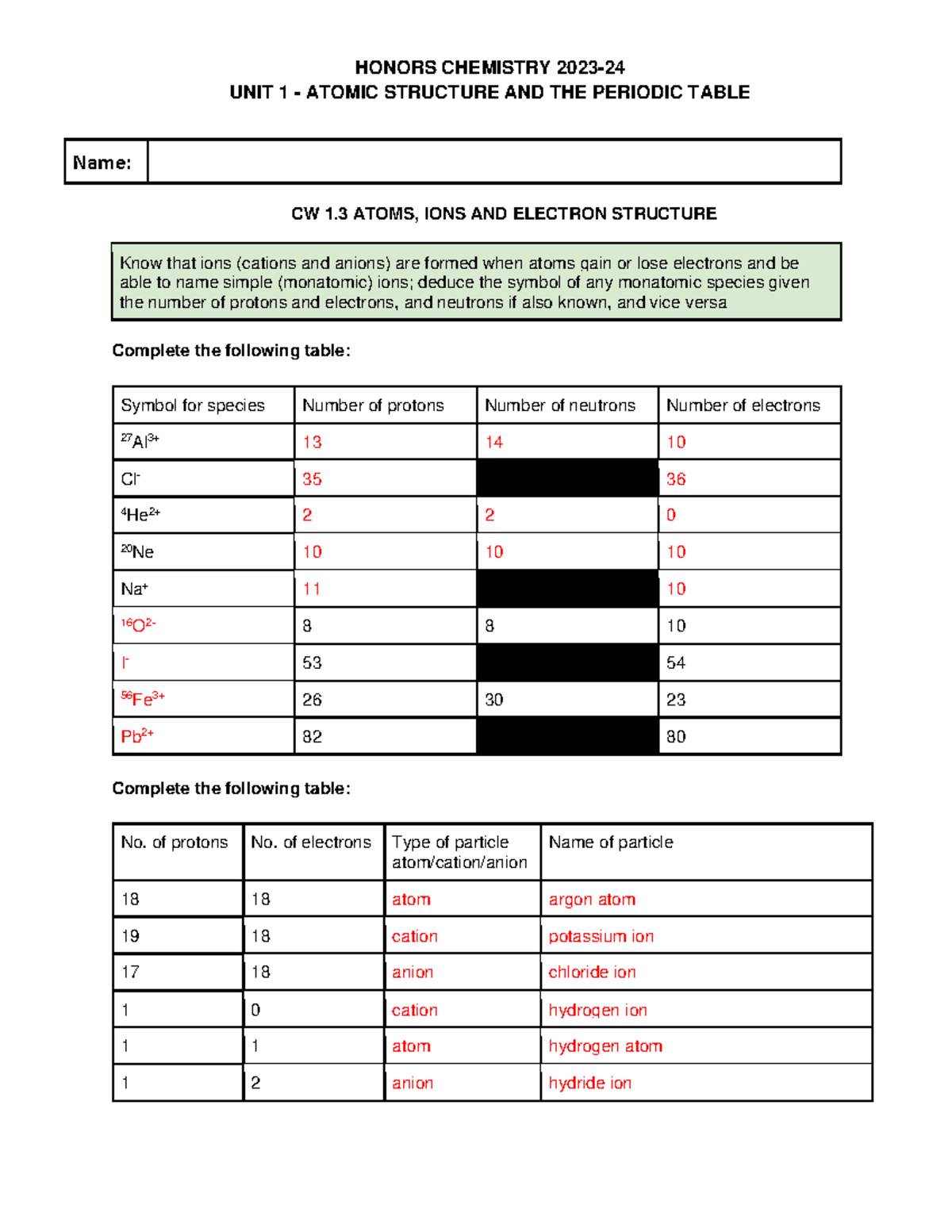 CW 1.3 Atoms and Ions - Atomic Structure Practice & Answer Key - Studocu