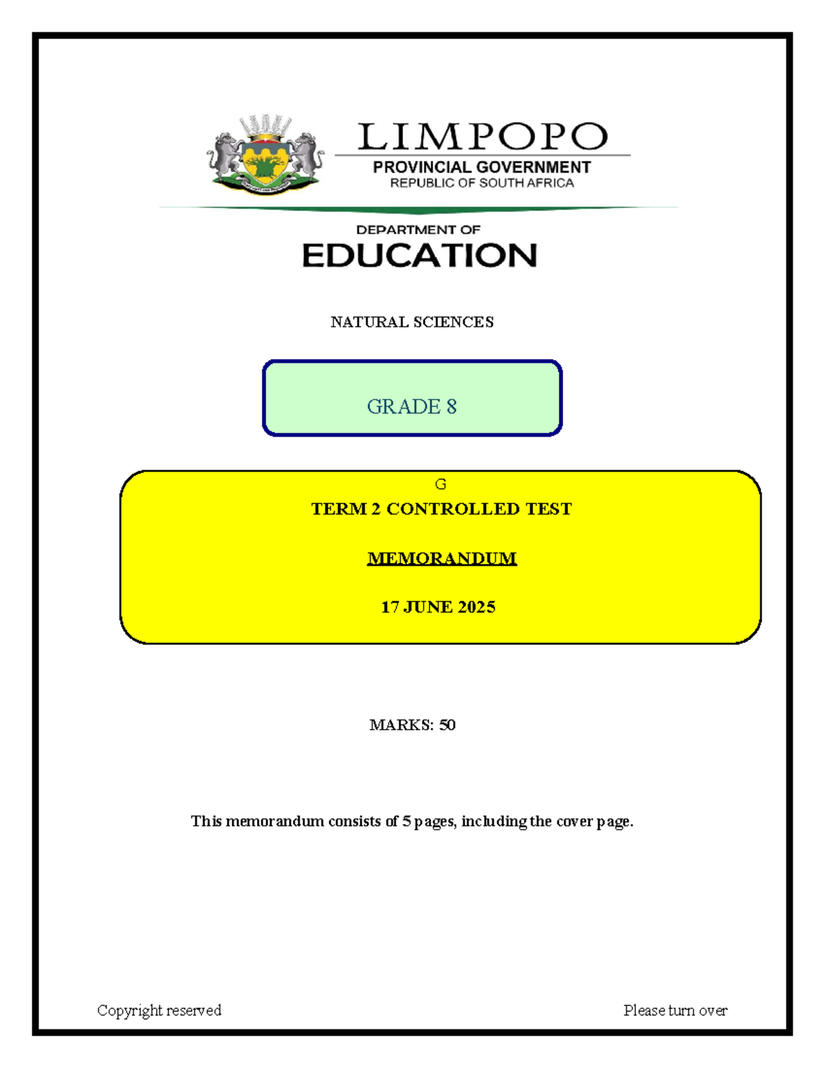 NS Grade 8 Term 2 Controlled Test Memo - June 2025 - Studocu
