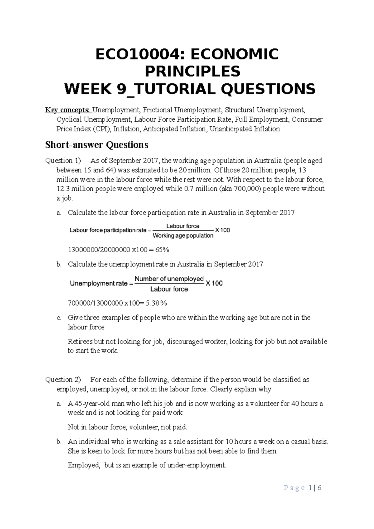 Week 9 Tutorial Questions - ECO10004: ECONOMIC PRINCIPLES WEEK 9 ...