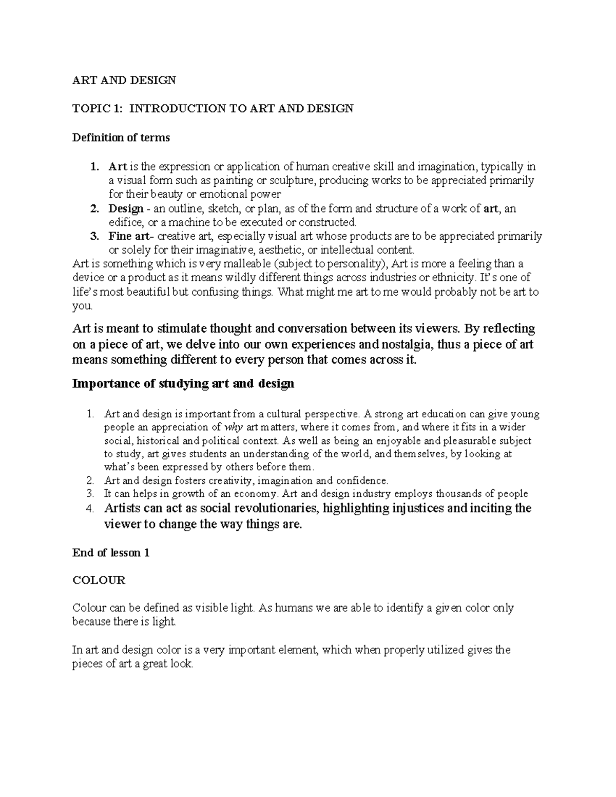 ART AND DESIGN 101: INTRO TO ART, COLOR, AND DESIGN ELEMENTS - Studocu