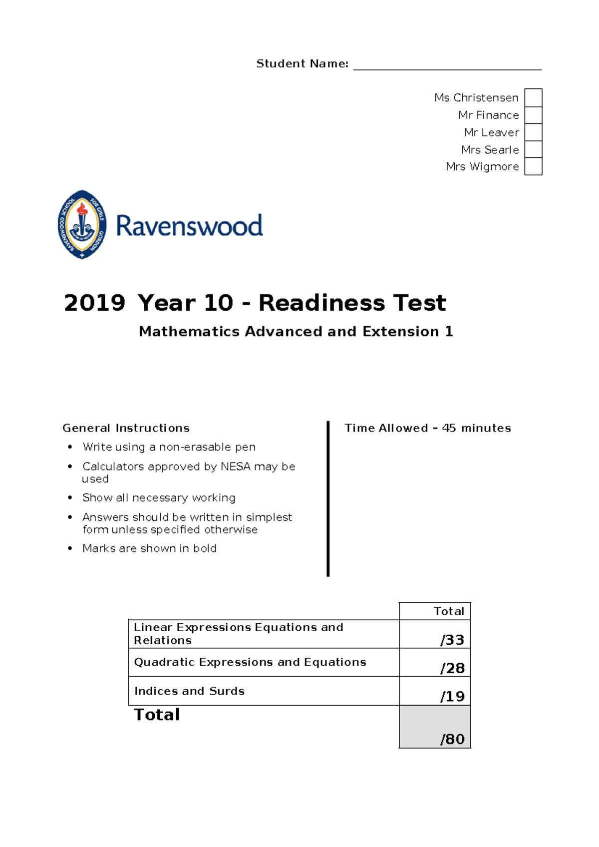 2019 Year 10 Readiness Test: Mathematics Advanced & Ext 1 - Studocu
