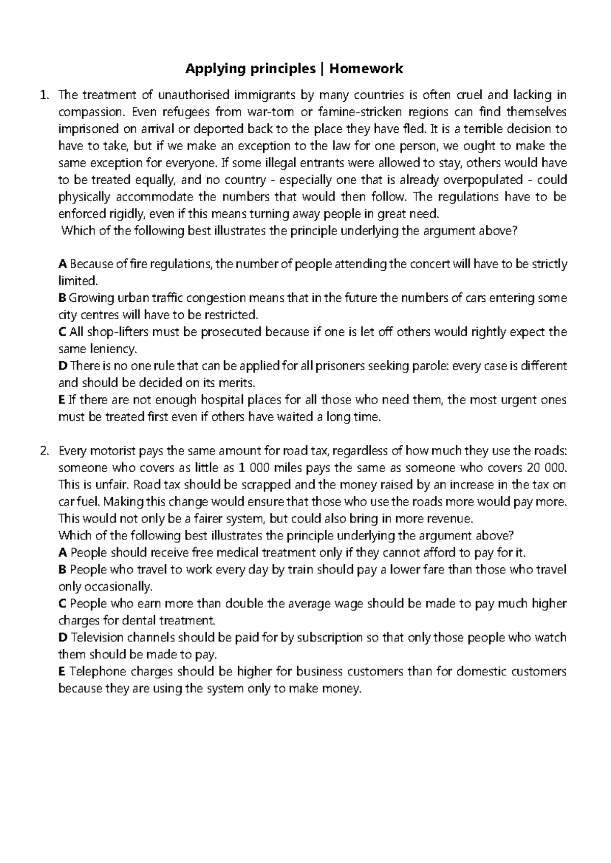 Applying Principles Homework 1: Various Mock Tests on Immigration and ...
