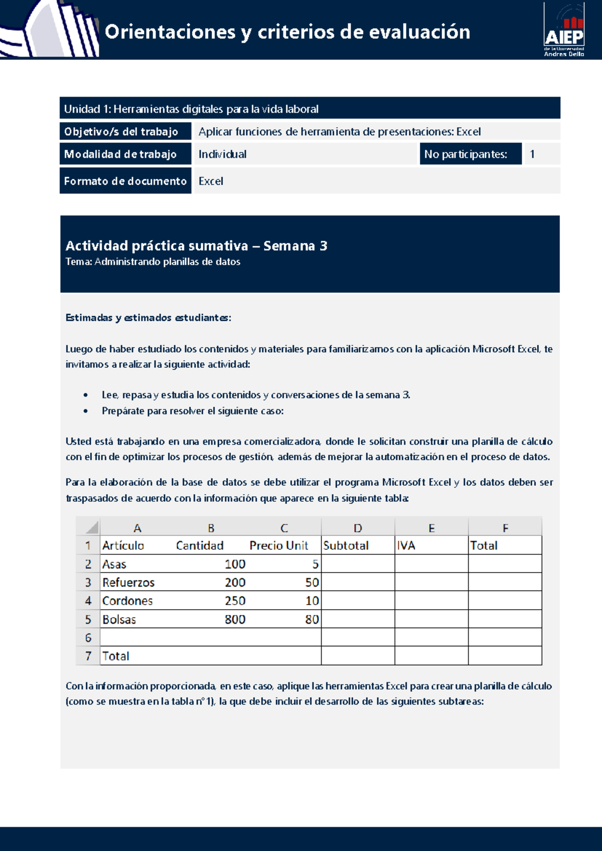 Actividad Sumativa Semana 3 - Orientaciones y criterios de evaluación Unidad 1: Herramientas ...